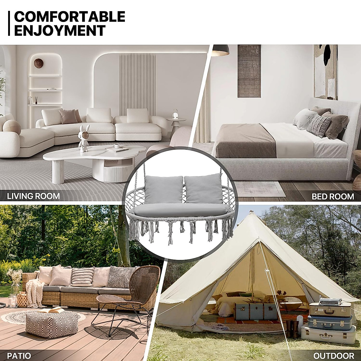 MoNiBloom Outdoor 2 Seat Hammock Chair with 3 Cushion, Indoor/Outdoor Hanging Macrame Swing Boho Chair for Adults, Max 700 lbs Capacity Patio Hanging Chair Porch Hammock Chair Hanging Rope Swing, Grey