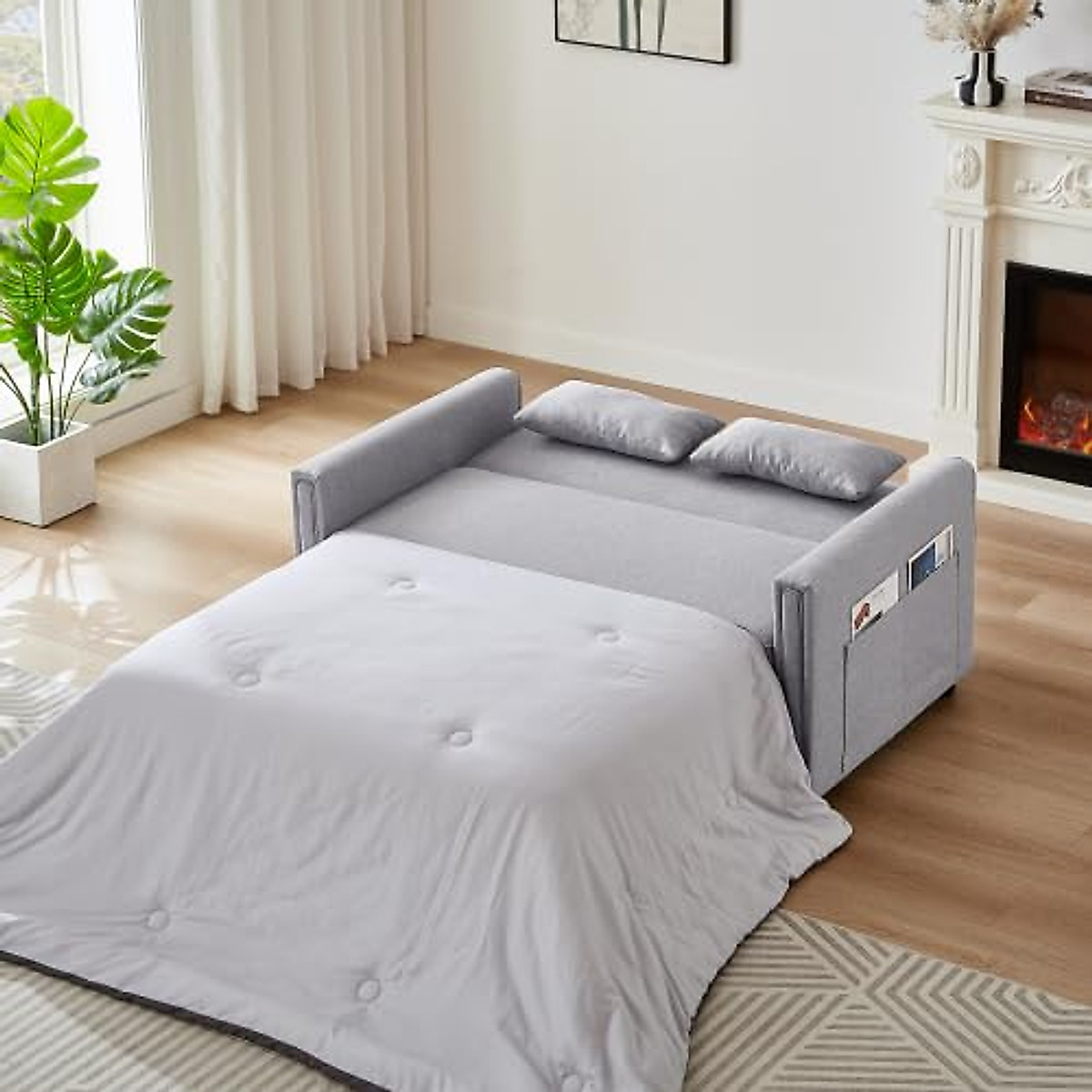 akucvor 54" Sleeper Sofa Bed, Convertible 3 in 1 Loveseats Sofa Bed with Lumbar Pillows, Multi-Function Linen Pull Out Sofa Bed with Adjustable Backrest for Living Room Bedroom, Gray