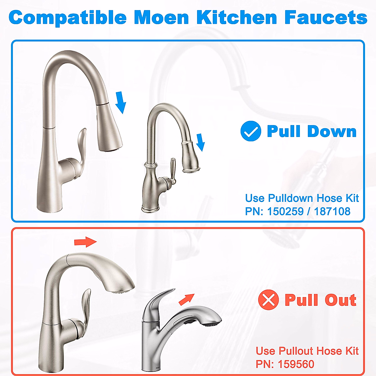 150259 Pull Down Hose Kit For Moen Faucet Replacement Part 150259 Hose, Moen Kitchen Faucet Replacement Part 187108, Reflex Moen Pull Down Hose, 68" Quick Connect Hose, Upgraded Ver.