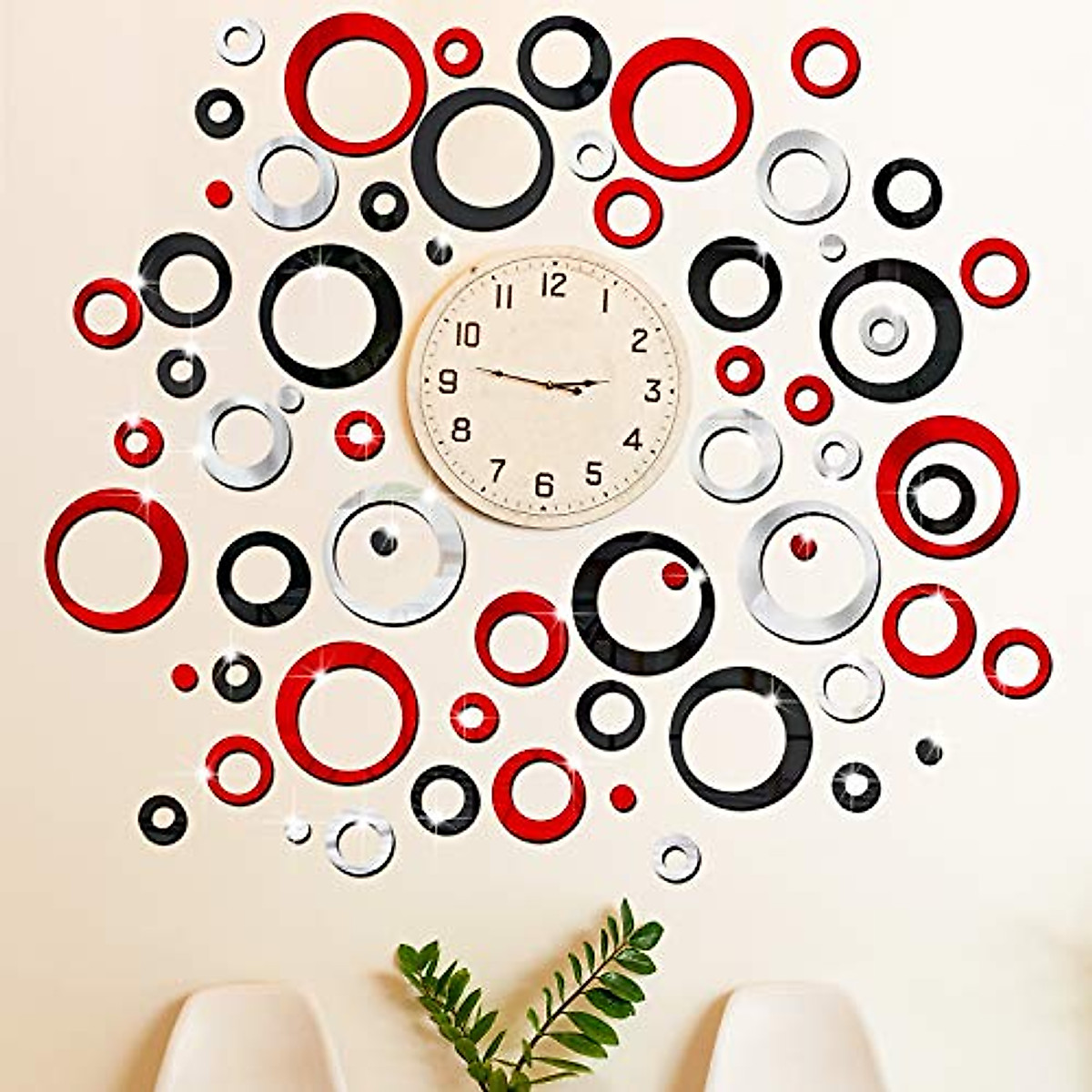 Outus 72 Pieces Acrylic Circle Mirror Wall Stickers Decor for Living Room Removable Round Dots Mirror Wall Decals Wall Decoration Murals for Home Bedroom Kitchen (Silver, Red, Black)