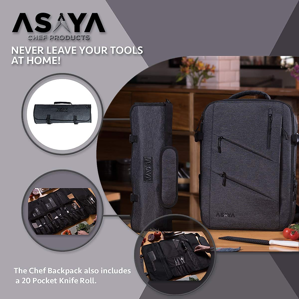 Asaya Chef Knife Backpack with 20 Pocket Knife Roll Bag - Over 30 Pockets for Knives and Kitchen Utensils - Stain Resistant Waxed Nylon - Padded for Extra Protection - Knives Not Included