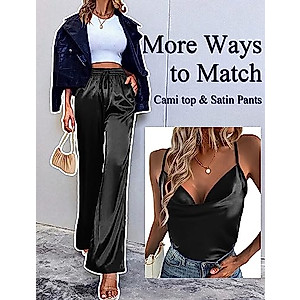 Ekouaer Pjs Women's Summer Silk Pajamas Plus Size Satin Shirt and Long Pants 2 Piece Lounge Tracksuit Outfits Set Black,XX-Large