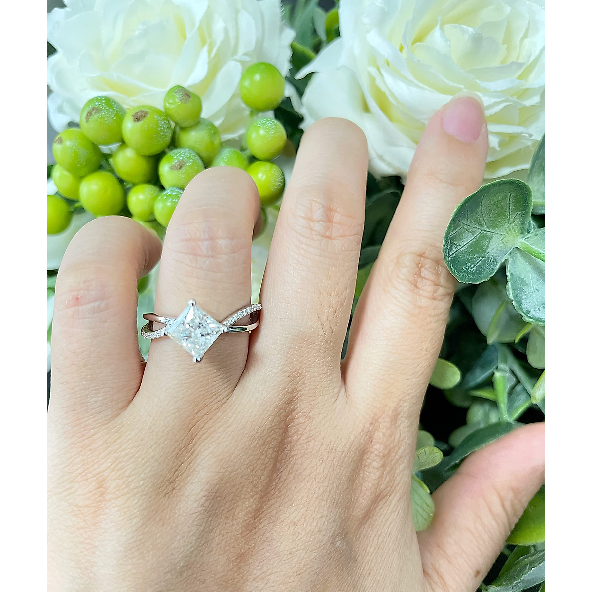 AULDEY Princess Cut/Shape Moissanite Engagement Rings for Women 1.5 Carat Center Twisting Wedding Bands Sterling Silver with 18K Gold Plated Promise Rings Size 6 7 8 9,7