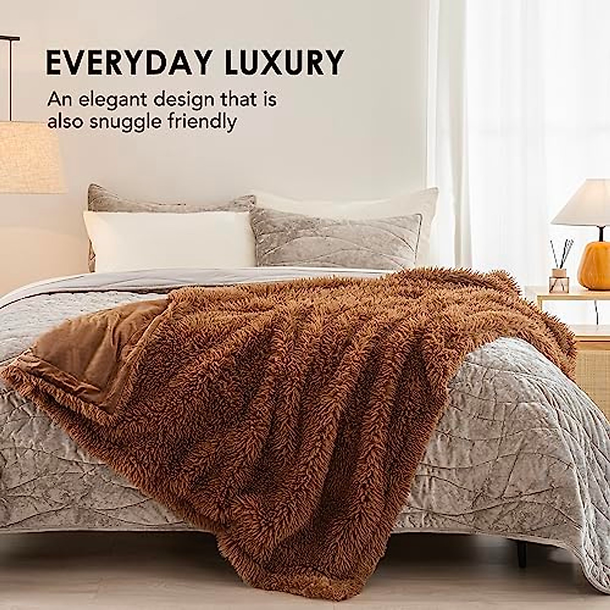 EVERGRACE Luxury Fluffy Faux Fur Throw Blanket with Long Pile, Super Soft Plush Cozy Blanket and Throws for Bed, Thick Warm Fuzzy Caramel Brown Throw Blanket for Couch, Sofa, Chair, 50x60 inch