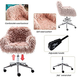 KCC Fluffy Office Desk Chair, Faux Fur Modern Swivel Armchair with Wheels, Soft Comfy Fuzzy Elegant Accent Makeup Vanity Chairs for Women Girls, Home Living Dressing Room Bedroom, Pink