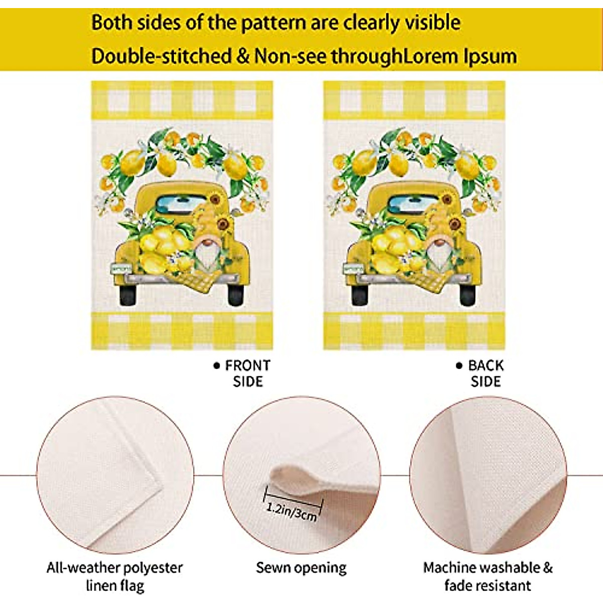 Yameeta Hello Summer Lemon Garden Flag 12.5x18 Inch Buffalo Yellow Truck with Lemons Gnome Sunflower Floral Farmhouse Decoration Double Sided Burlap Yard Lawn Outdoor Banner Flag