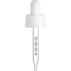 Comfort Axis Child Resistant Calibrated Glass Eye Dropper for 1/2 oz Bottle, White, 18-400 Neck Finish (10 Pack)