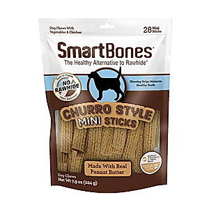 SmartBones Churro-Style Mini Sticks 28 Count, Made with Real Peanut Butter, Rawhide-Free Chews for Dogs