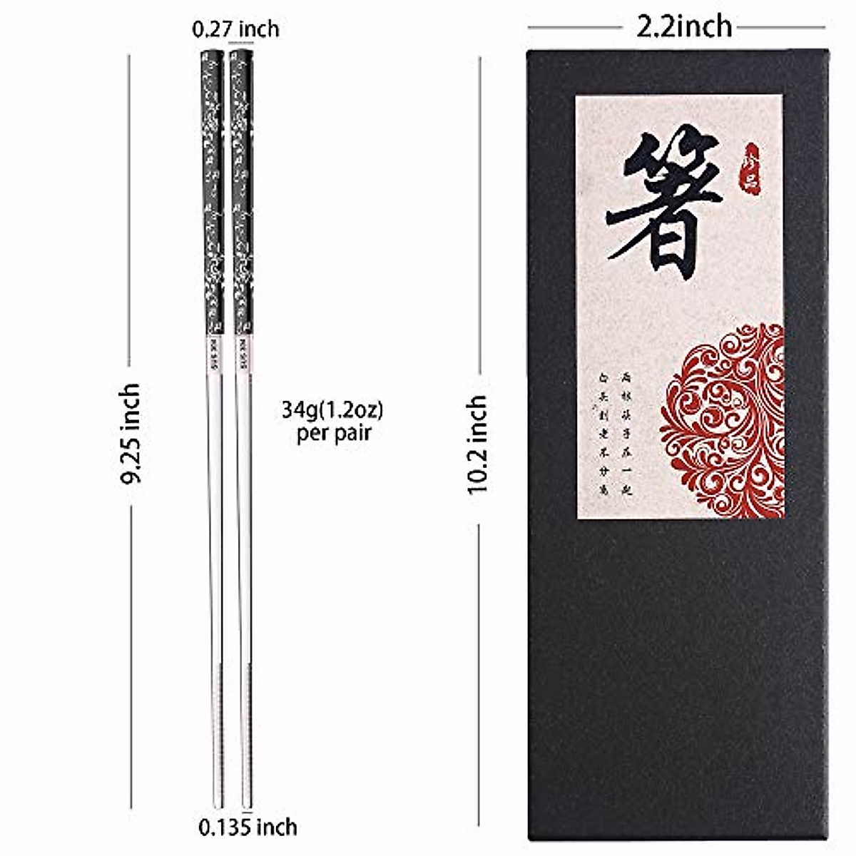 Stainless Steel Chopsticks Titanium Plated Metal Chopsticks Reusable Dishwasher safe Premium Japanese Korean Chopstick Laser Engraved Anti-slip Chop Sticks for Eating 2 Pairs Gift Set Black Silver