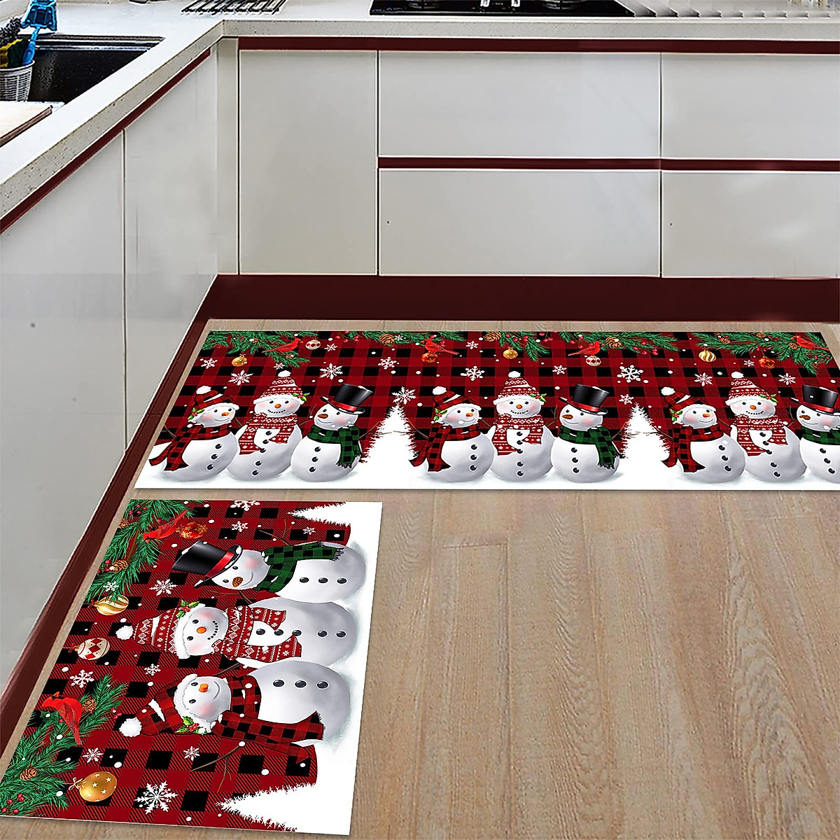 Christmas Kitchen Mats 2 Piece, Xmas Snowman Winter Holiday Doormats, Snowflake Kitchen Rugs Set Black Red Buffalo Plaid Christmas Decorations Floor Mat for Indoor Use,15.7" x 23.6"+15.7" x 47.2"