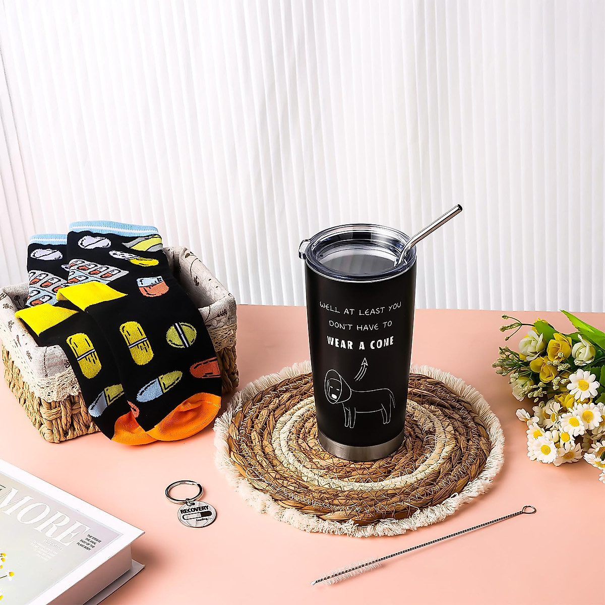 Funny Get Well Soon Gift Baskets for Men After Surgery,20oz Hospital Tumbler At Least You Don't Have to Wear a Cone Tumbler Comes With Keychain and Socks Surgery Recovery Feel Better Cheer up Gifts