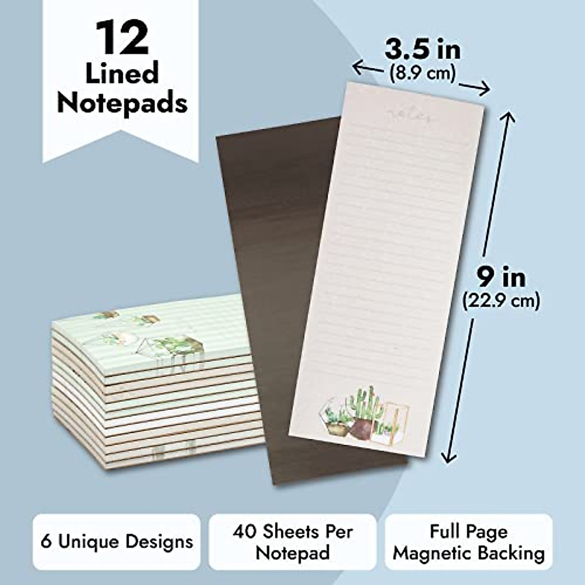 12-Pack Succulent Magnetic Notepads for Refrigerator for Grocery Shopping Lists, To Do Lists, Appointment Reminders, Daily Task Organization, Full Magnetic Back for Locker, Filing Cabinet (3.5x9 in)