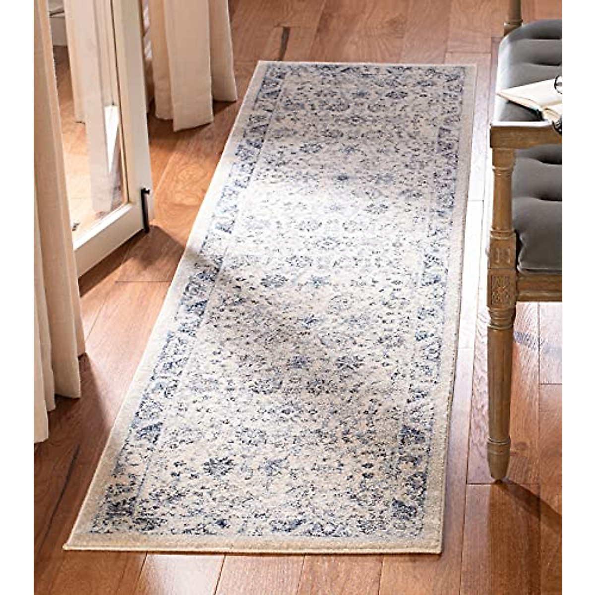 SAFAVIEH Charleston Collection Runner Rug - 2' x 12', Ivory & Blue, Oriental Distressed Design, Non-Shedding & Easy Care, Ideal for High Traffic Areas in Living Room, Bedroom (CHL413A)