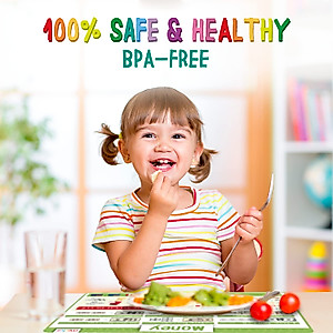 merka Kids Placemat, 4 Pack Toddler Educational Placemats 17x11 in, for Dining Table Features Time, Money, Calendar, Four Seasons, Silicone Reusable Wipeable Mats