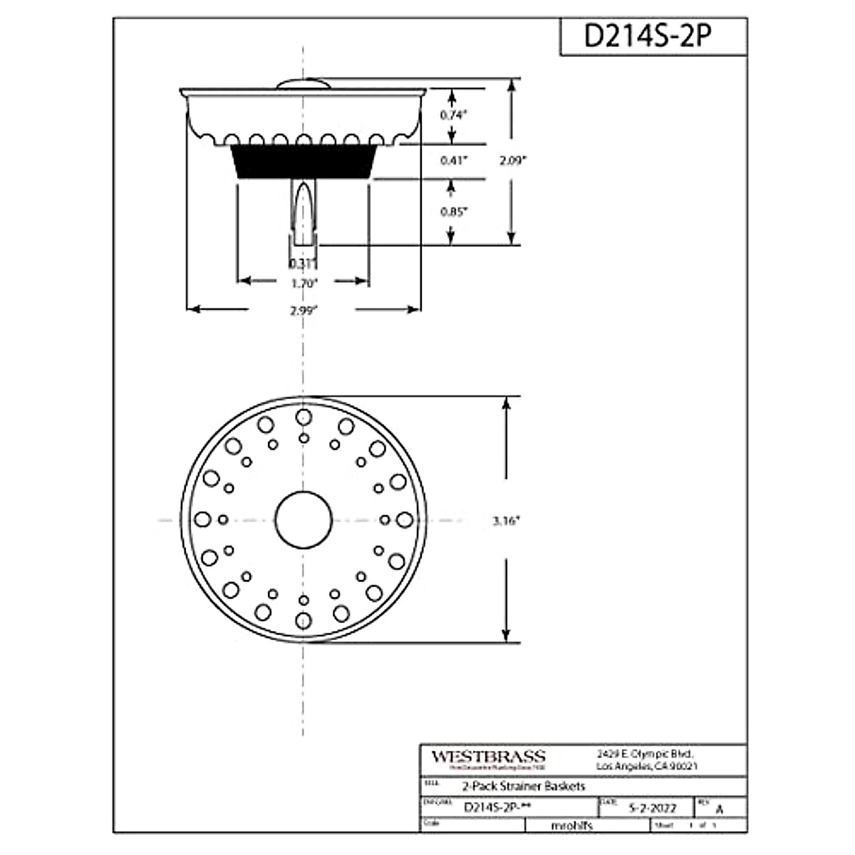 Westbrass D214S-2P-07 3-1/2" Standard Stainless Steel Post Style Large Kitchen Sink Basket Strainer Drain Stopper, 2 Pack, Satin Nickel