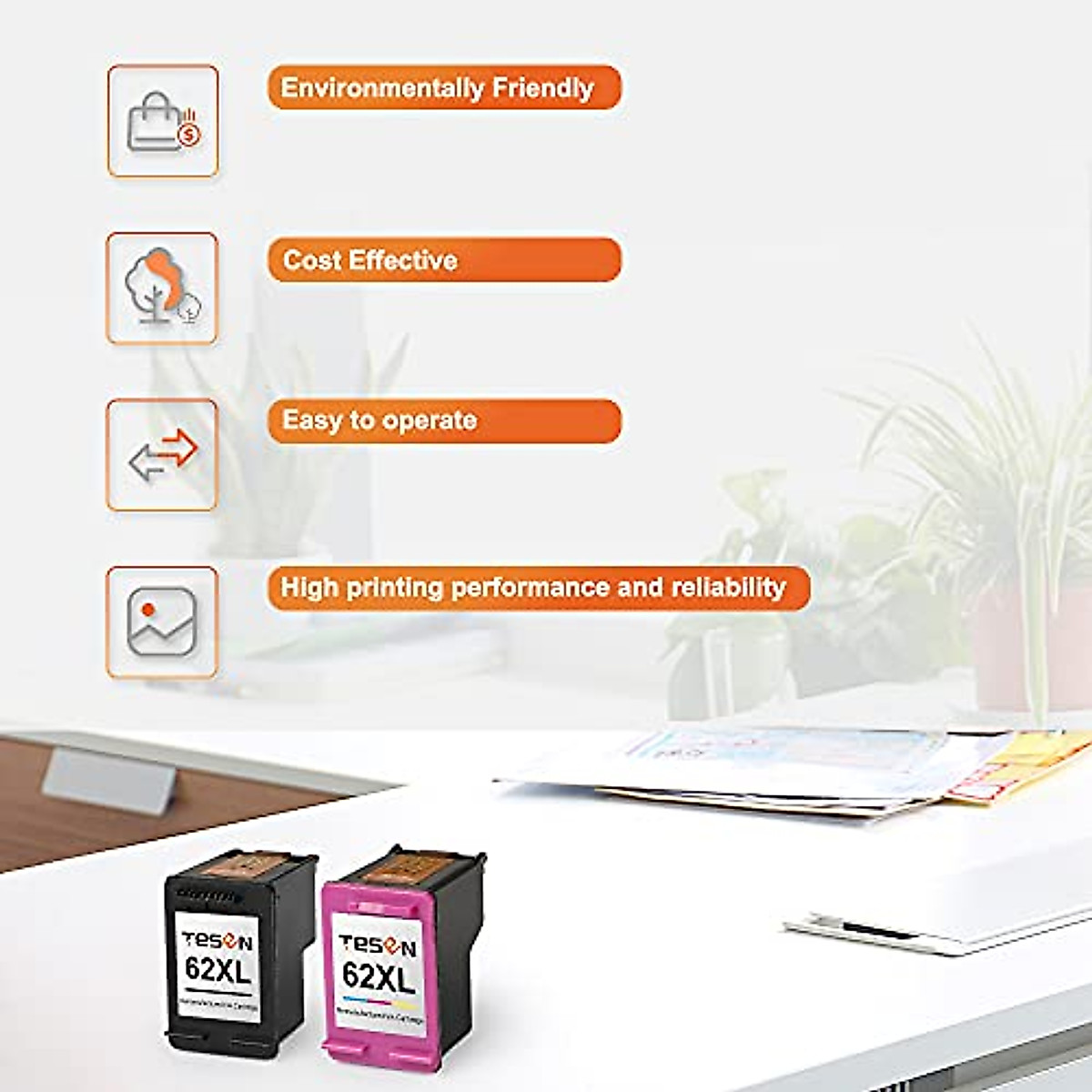 TESEN Remanufactured 62XL Ink Cartridge Replacement for HP 62 XL 62XL Use with HP Envy 5643 5660 5664 5665 7640 7643 7644 7645 OfficeJet 5745 5746 8040 200 250 258 Series Printer (2 Pack, Black)