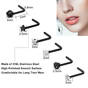ONESING 40 Pcs 20G Black Nose Rings L Shape Studs Hoop Stainless Steel Bone Screw Body Piercing Jewelry for Women Men