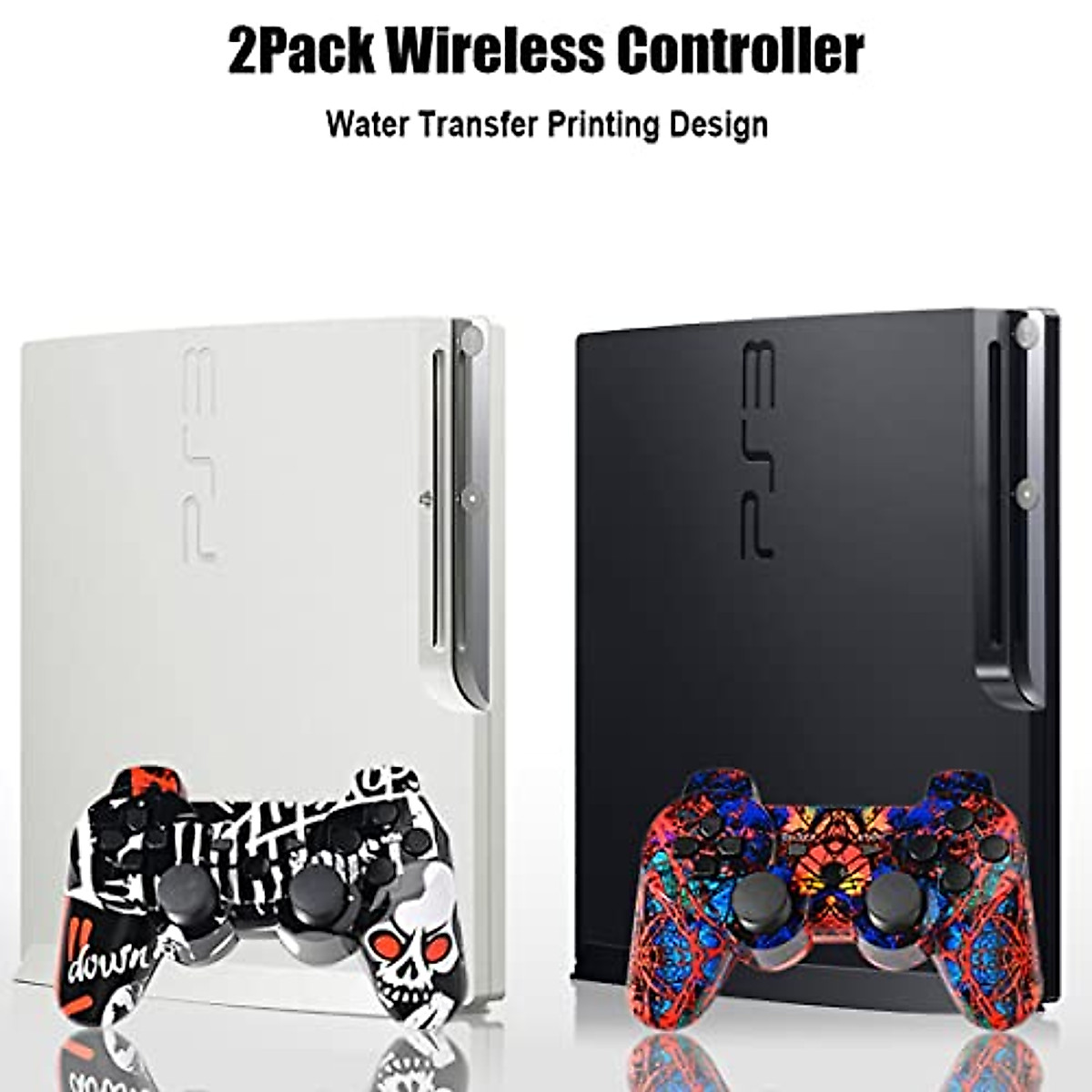 Drimoor 2 Pack Wireless Controller for PS3 - Double Vibration Motion Sense Remote Compatible with Playstation 3 with Charging Cable and Thumb Grip Caps