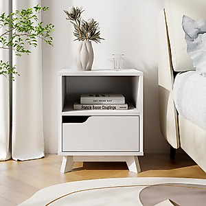 Giantex 2 Tier Nightstand, Mid Century Modern Bedside Table with Storage Drawer & Open Shelf, Wood Night Stand for Small Spaces, Minimalist Side End Table for Bedroom, Distressed White