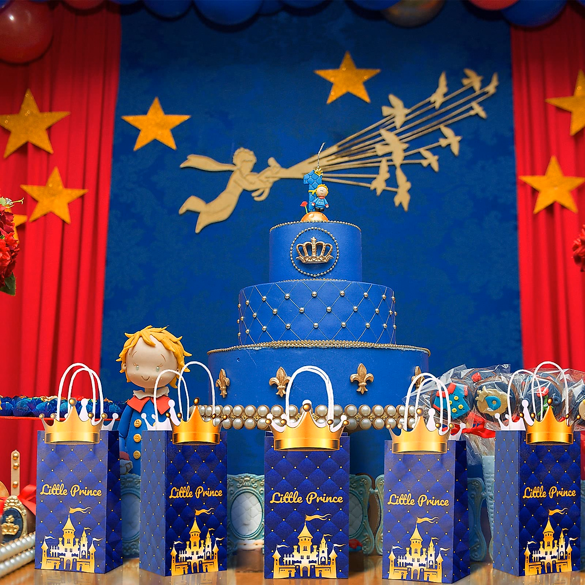 16 Pack Prince Party Favors Bags Prince Theme Charming Party Bags Glitter Crown Party Bag Treat Goody Gift Paper Kraft Wrap Bags with Handle for Prince Theme Birthday Baby Shower Party Favor Supplies