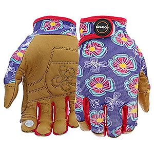 Miracle-Gro MG86212 Durable Fit Gloves – [Tan/Purple Floral Print, Medium/Large], Goatskin Leather Palm Gloves