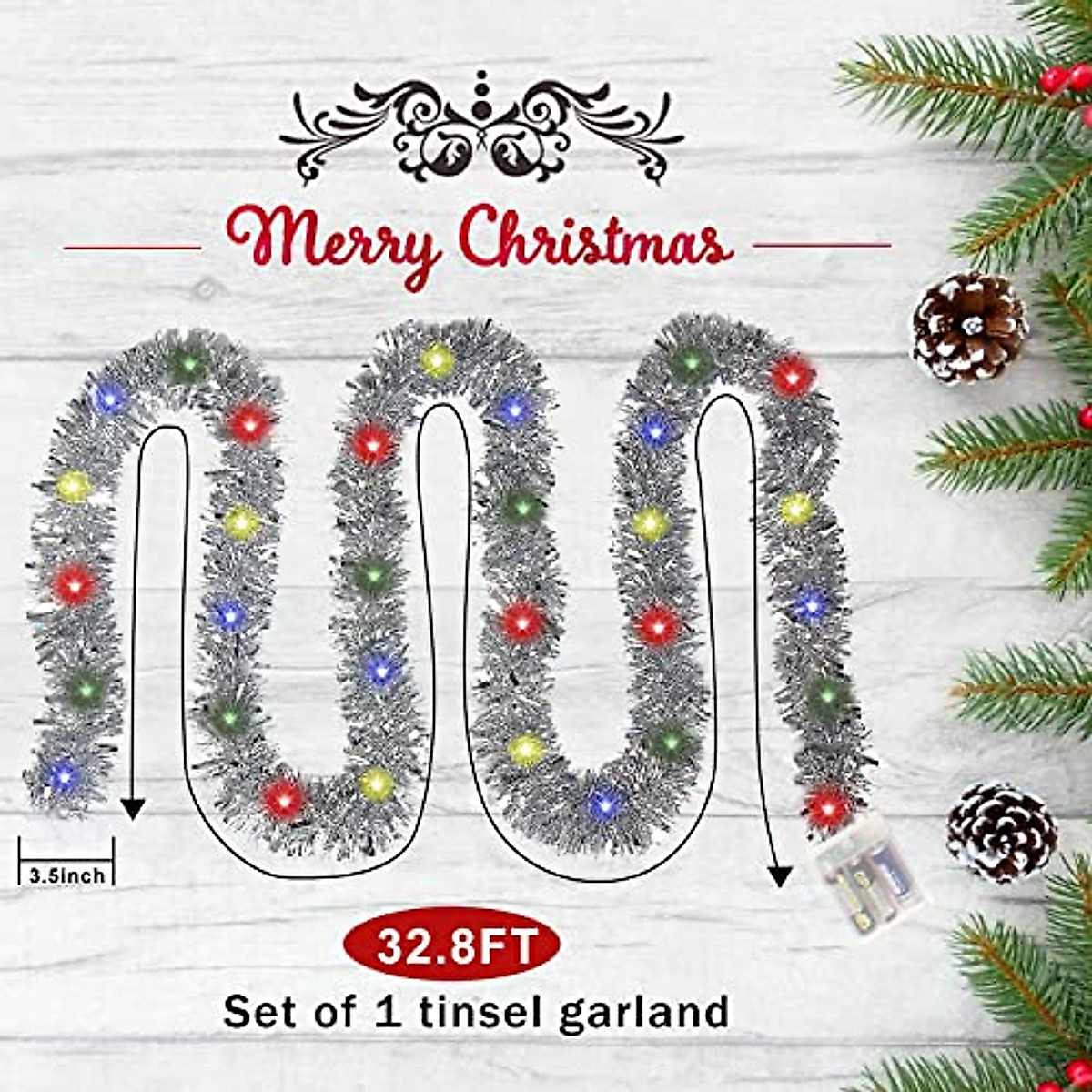 KIMOBER 32.8 Ft Christmas Prelit Tinsel Garland, Silver Metallic Garland with 100 LED Lights for Christmas Tree Decoration,Wedding Party Supplies