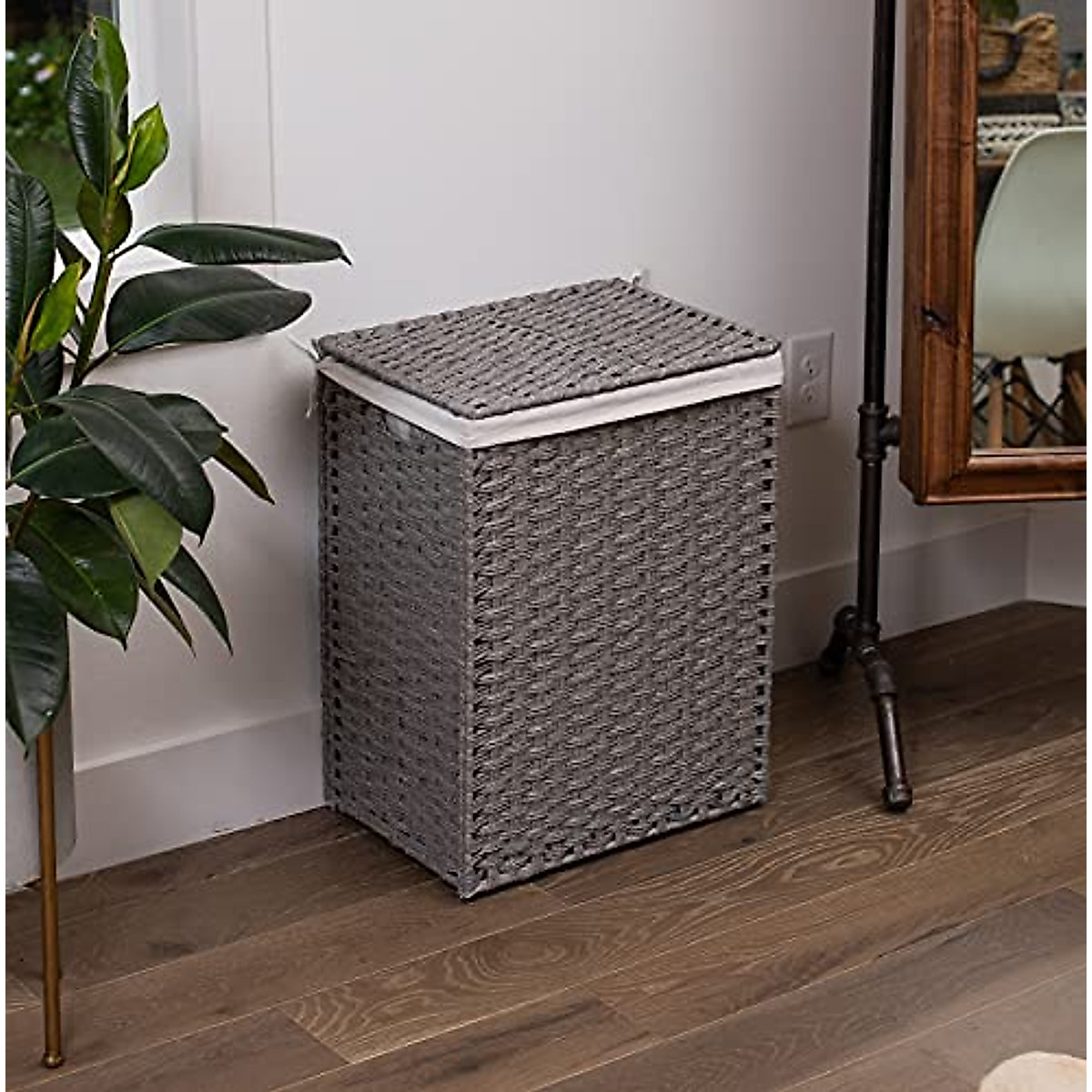 BIRDROCK HOME Single Laundry Hamper with Lid - Grey - Liner Bag - Hand Woven - Small Collapsible Hampers - Foldable Bin - Synthetic PE Rattan - Hand Woven - Clothes Basket