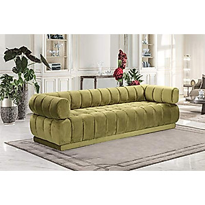 Iconic Home Quebec Sofa Velvet Upholstered Vertical Channel-Quilted Shelter Arm Tufted Design Modern Contemporary, Green