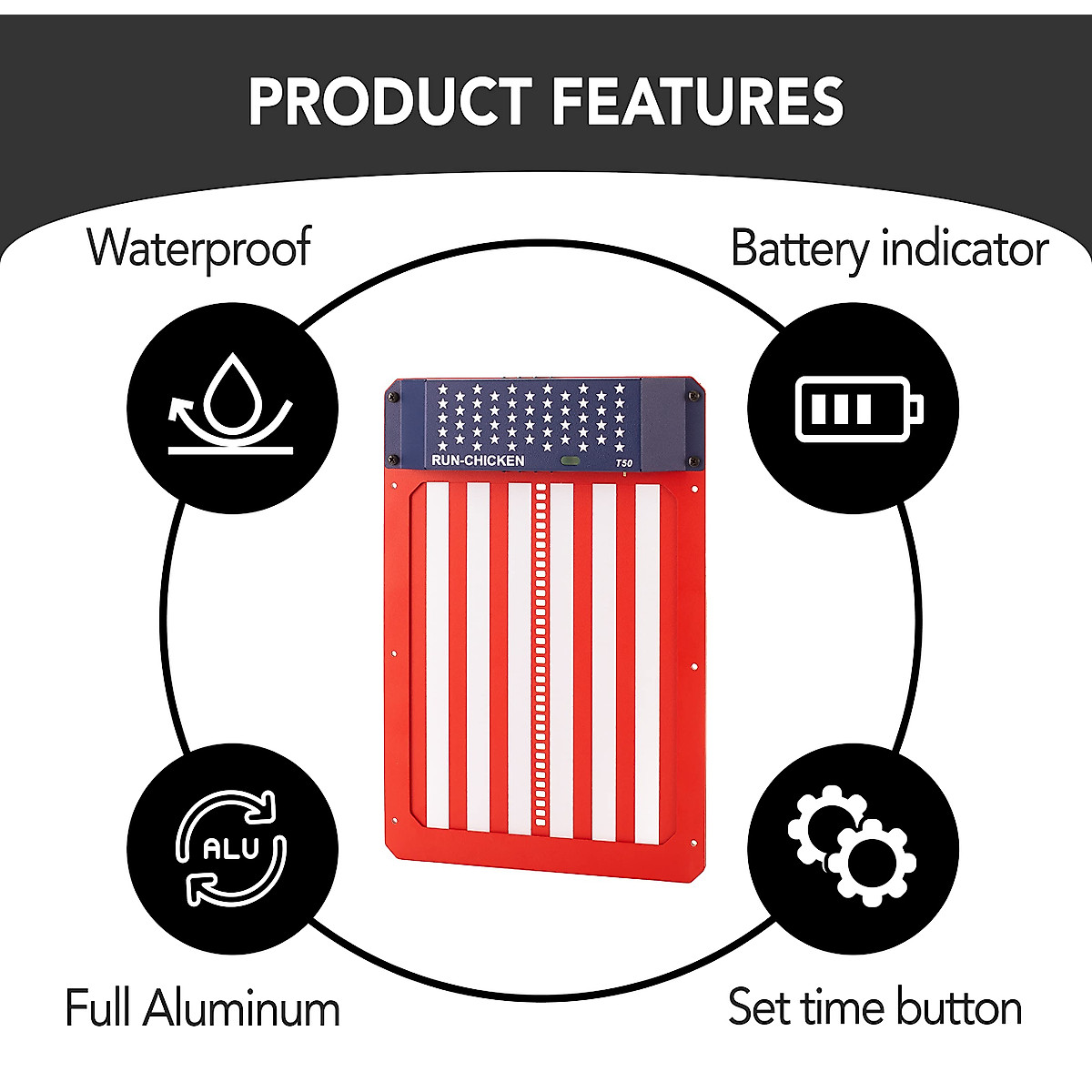 RUN-CHICKEN Automatic Chicken Coop Door Opener with Timer, Programmable Light Sensor, Battery Powered, Delay Options, Aluminum, Model T50, (USA Special)
