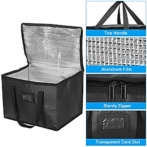 PATIKIL 16.9"x11"x12.2" Insulated Reusable Grocery Bag, Food Delivery Insulated Cooler Tote Bag with Zipper/Clear Card Slot Collapsible for Hot Cold Transport Shopping, Black