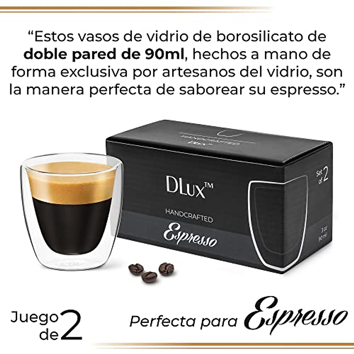 DLux Espresso Coffee Cups 3oz, Double Wall, Clear Glass Set of 2 Glasses, Insulated Borosilicate Glassware Tea Cup Mug