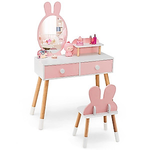 HONEY JOY Kids Vanity, Rabbit Themed Toddler Wooden Makeup Table and Chair Set w/2 Large Drawers, Beech Wood Legs, Princess Dressing Beauty Table, Girls Vanity Set with Mirror and Stool (Pink)