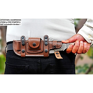 Ottoza Tracker Knife & Ram Horn Handle - Damascus Hunting Knife - Horizontal Carry Knife Sheath 262