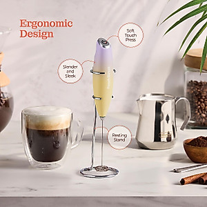 Powerful Handheld Milk Frother, Mini Milk Foamer, Battery Operated (Not included) Stainless Steel Drink Mixer with Frother Stand (Lavender Banana)