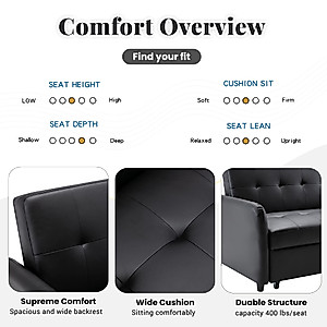 P PURLOVE Modern PU Sleeper Sofa Bed, Pull Out Sleeper Sofa Bed with Pulley, Oversized Armchair with Adjustable backrest, Convertible Sleeper Sofa Bed with Dual USB Ports, Black