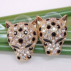 Navachi 18k Gold Plated Leopard Head White Black Crystal Az1146s Stud Earrings