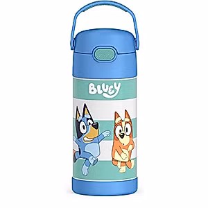 THERMOS FUNTAINER 12 Ounce Stainless Steel Vacuum Insulated Kids Straw Bottle, Bluey