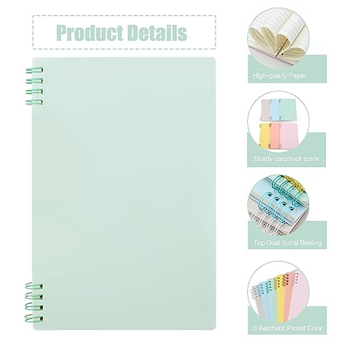 EOOUT 6 Pack Lined Spiral Notebook, 5.7" x 8.3" Journal for Women, Aesthetic Thick Plastic Cover, Pastel Color 160 Pages for School, Office, Artist Writing/Drawing