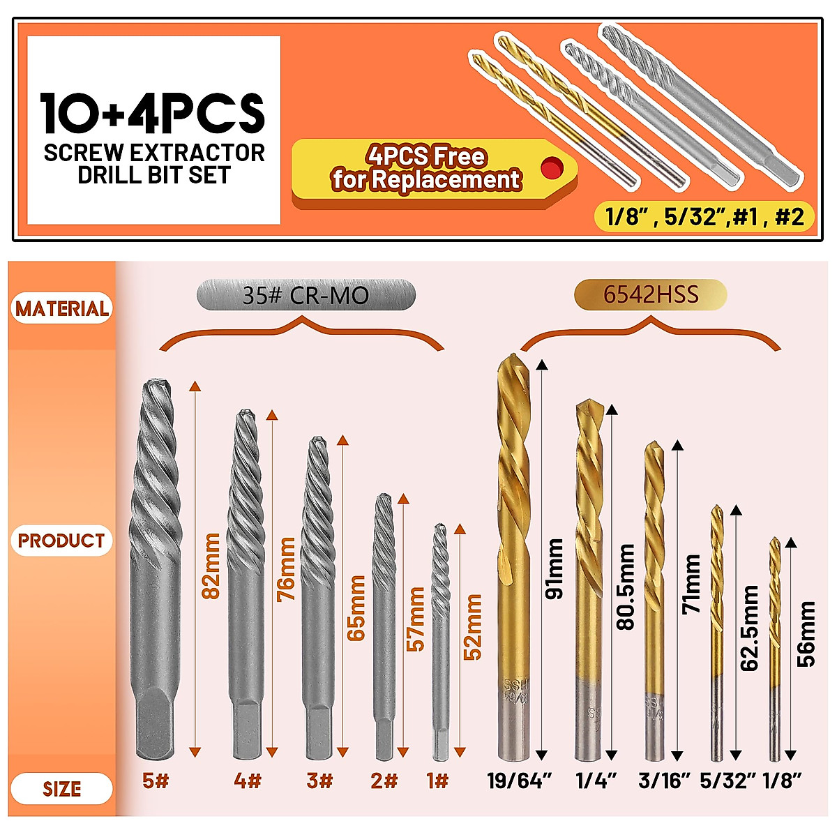 UYECOVE 14PCS Stripped Screw Extractor Set, 35# Cr-Mo & 6542 HSS Steel Cobalt Left Handed Drill Bit | Broken Screw Extractor Kit | Easy Out Screw Extractor Set Removing Stripped Screws Broken Bolts
