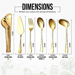 NEXNEOM Serving Utensils Set Gold 10-Piece - Stainless Steel Stunning Mirror-Finish, Lightweight, Dishwasher Safe - Includes Slotted Spoons, Forks, Tongs, Ladle, and Pie Server for buffet & parties