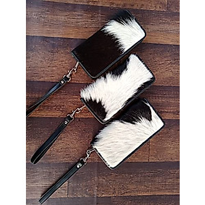 Womens Zipper Wristlet Cowhide Clutch - Black White Cow Hide Cow Skin Leather Hand Clutch Zip Phone Wallet Clutch Card Case 8' X 4' - Gift for her