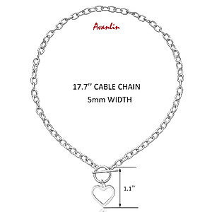 Avanlin Heart Pendant Choker Necklace Silver Stainless Steel Toggle Necklaces Cable Chain for Women Girls