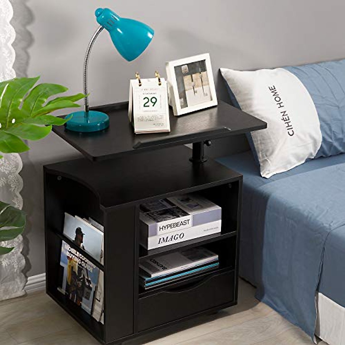 SIDUCAL Multi-Functional Wooden Bedside Table Height Adjustable & 360 Rotation Table top Rolling Laptop Desk Computer Table，Nightstand with Drawers, Black (Right Side) …