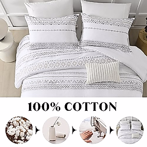 CozyDH Boho Comforter Set Queen Size - 100% Egyptian Long-Staple Cotton Modern Design with Geometric, Modern Breathable Lightweight All Season Bedding Set with Shams, 90"x90", Grey/White, 3 Piece