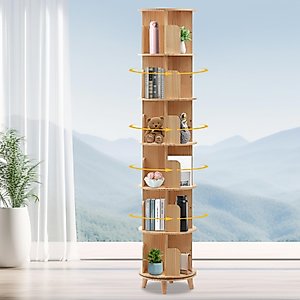 AKaSping 6 Tier Rotating Bookshelf Wood Rustic Tall Corner Bookshelf Organizer Baby Kids Bookshelf Vintage Storage Shelf Display Rack for Bedroom Living Room Office Bookstore Book Bar