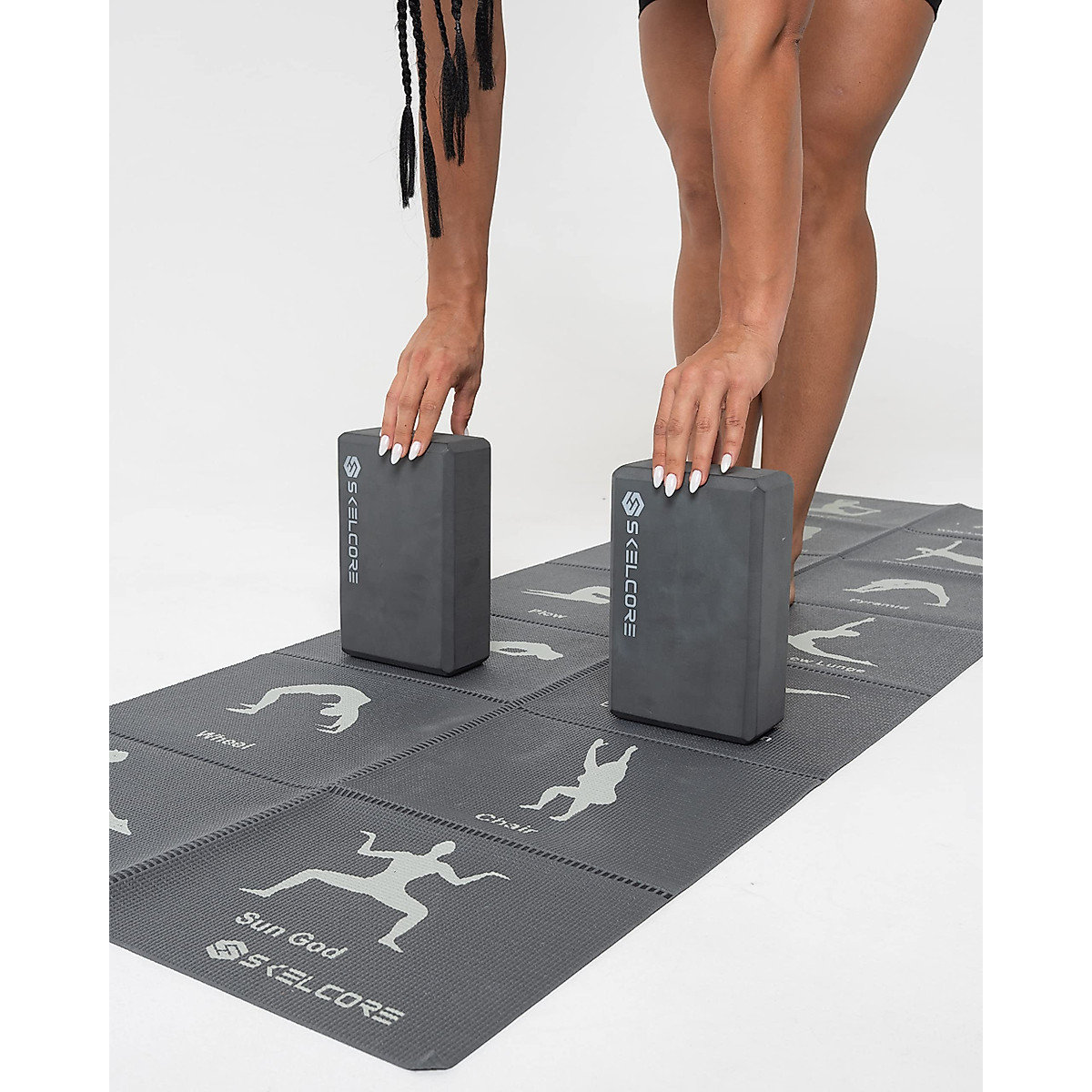 Skelcore Yoga Mat and Blocks Set- Travel Yoga Mat with Poses Printed On It and 2 Yoga Blocks - Non Slip Yoga Accessories For Beginners Folding Yoga Travel Mat 68"L x 24"W x 2mm