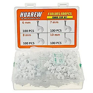 HUAREW 4 Sizes 400 Pcs White Plastic Steel Nail Cable Clips Apply to RG6 RG59 CAT5 CAT6 Ethernet/TV Wire/Telephone/Led Starlight/Print Cable Round Management Cable Wire Clips 6/7/8/10 mm