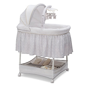 Simmons Kids Gliding Bedside Bassinet - Portable Crib with Activity Mobile Arm Featuring Spinning Toys, Vibration, Nightlight and Music, Peacock