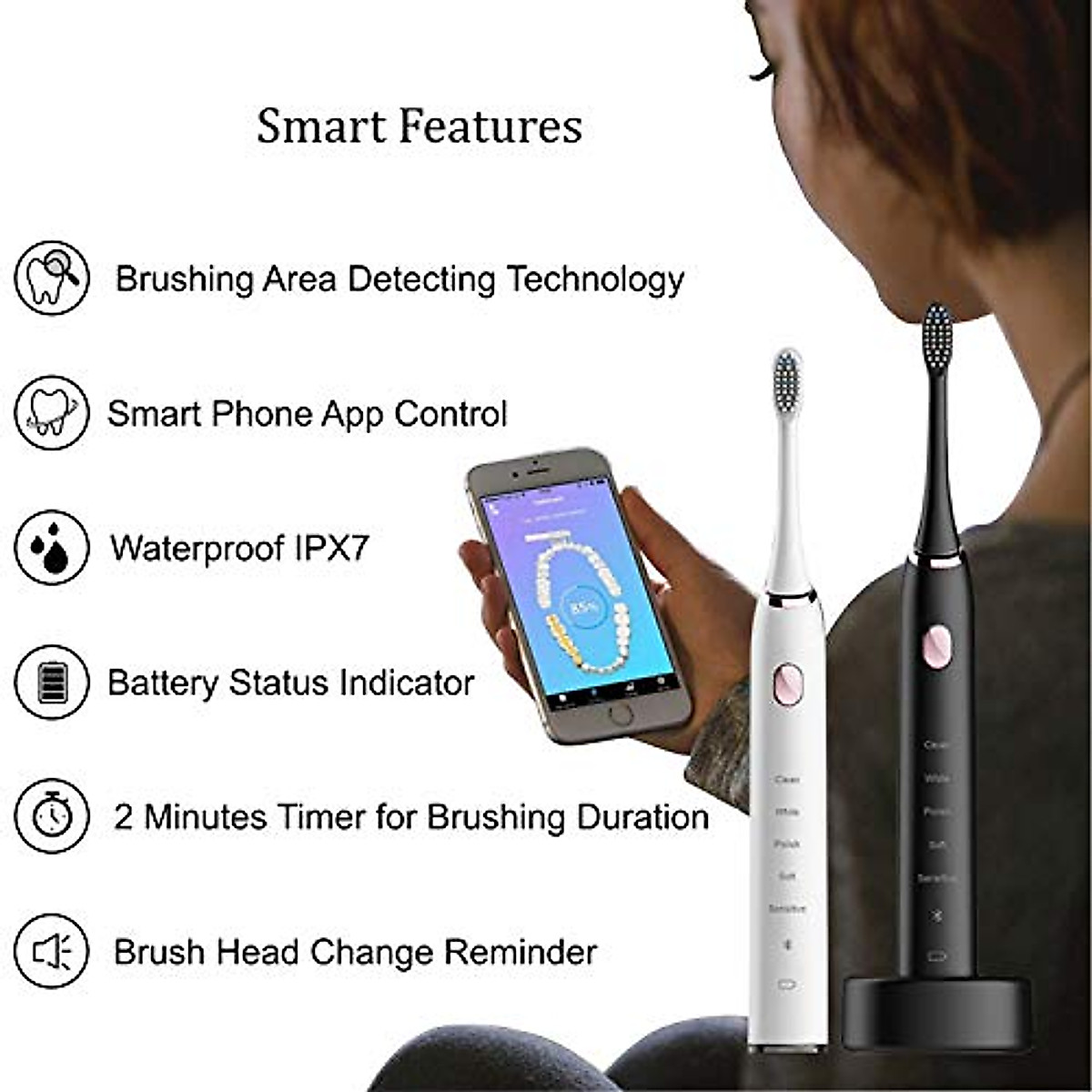 Over The Sea Sonic Bluetooth Rechargeable Electronic Toothbrush – 5 Modes – App Control – Smart Timer – Wireless Charging – Portable Power Toothbrush – 2 Replacement Dupont Brush Heads (White)