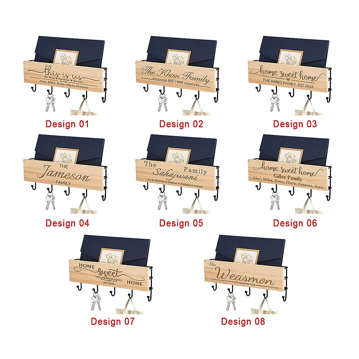 Personalized Key Holder for Wall Engraved Your Family Name, Customize Wooden Key Rack for Wall with Storage Basket and 5 Key Hooks, Multifunction Key Hanger for The Home Entryway, Kitchen, Bathroom